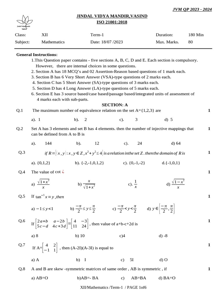 Term - 1 STD 12 Maths 2023-24 Final | PDF | Mathematical Concepts | Functions And Mappings