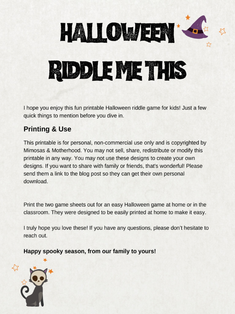 Mimosas Motherhood Halloween Riddle Me This Game Printable | PDF