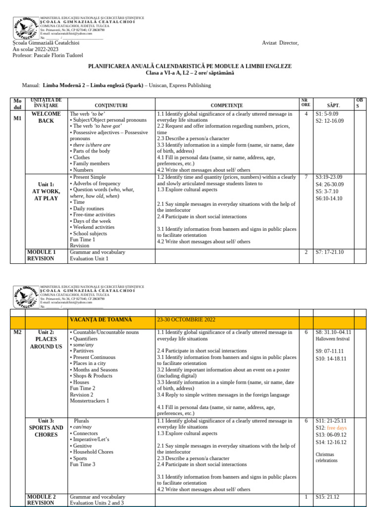 Planificare Eng Vi | PDF | Language Families | Morphology