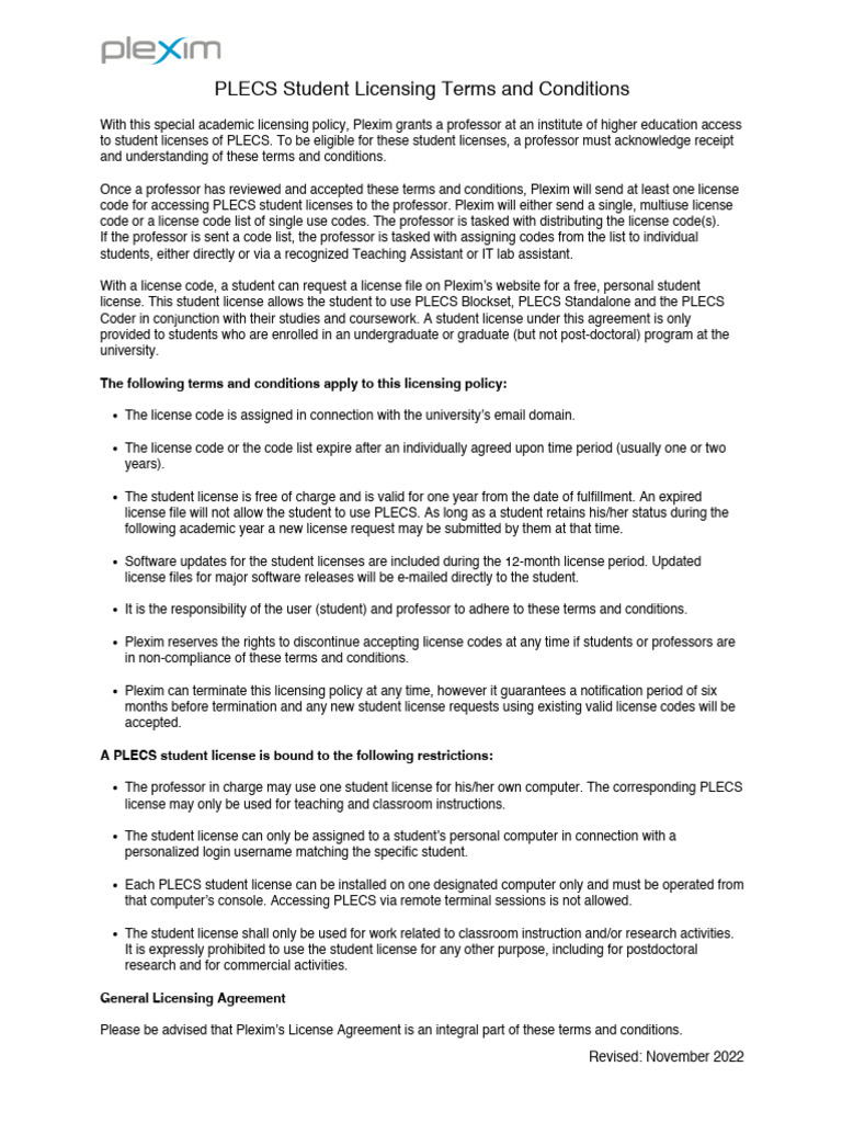 PLECS Student Licensing Terms and Conditions 11 2022 | PDF | License | Computing