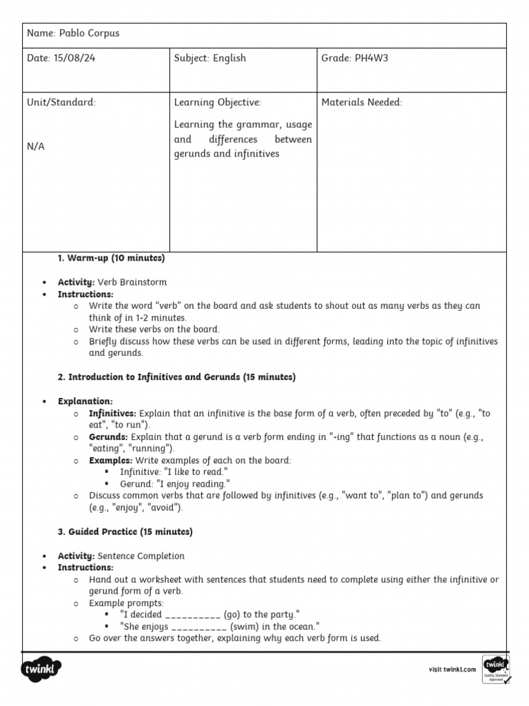 Lesson Plan Infinitives and Gerunds | PDF | Verb | Grammar