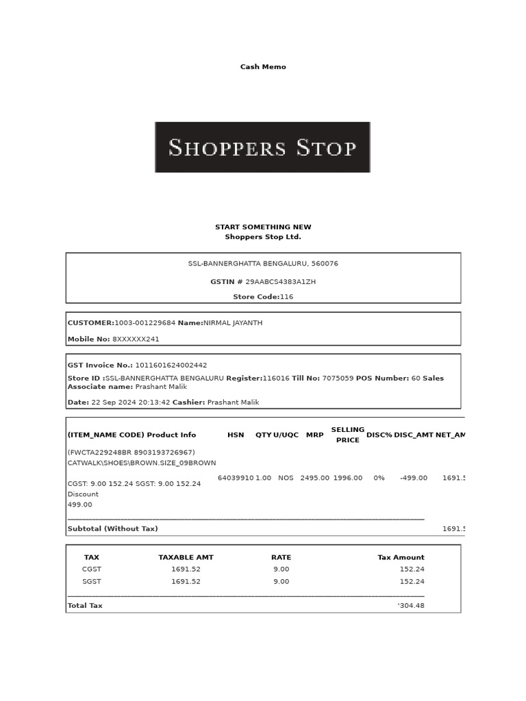 Shoppersstop Receipt 123469598008 | PDF | Receipt | Payments