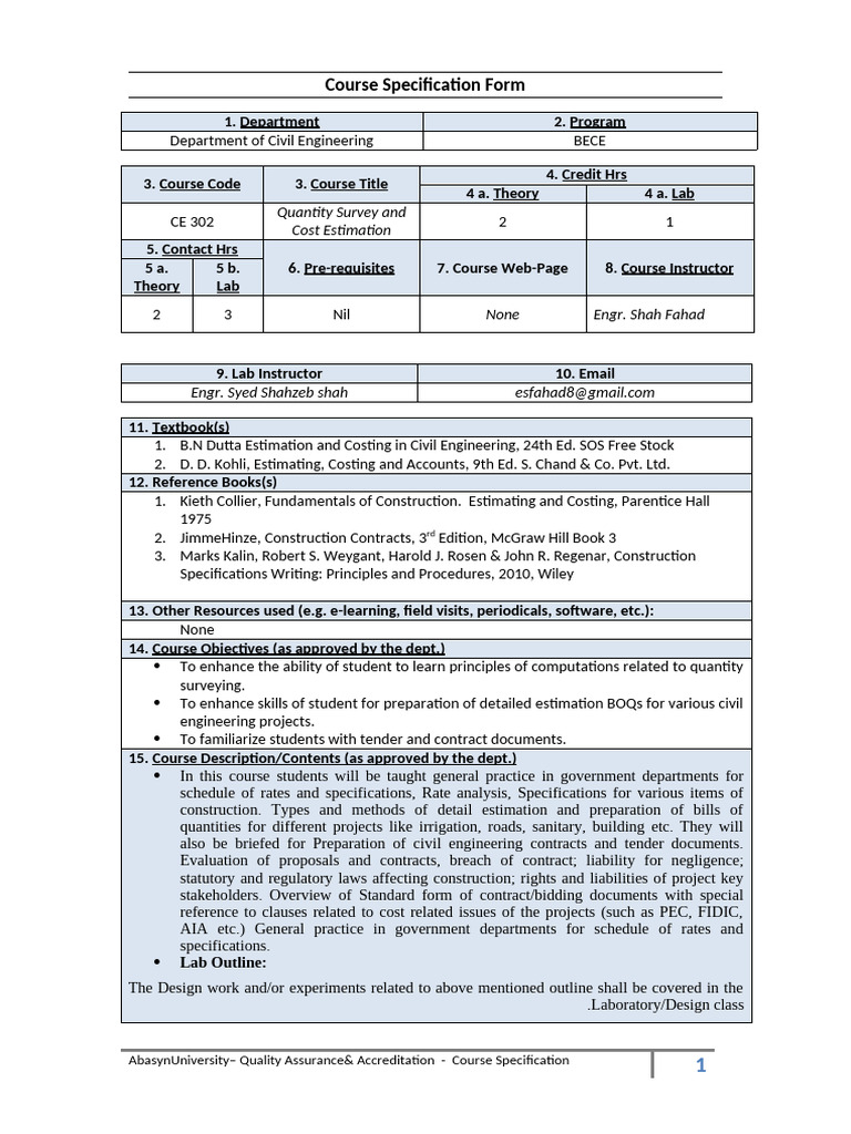 CE302 Quantity Survey and Cost Bestimation Course Specification Form | PDF | Specification ...
