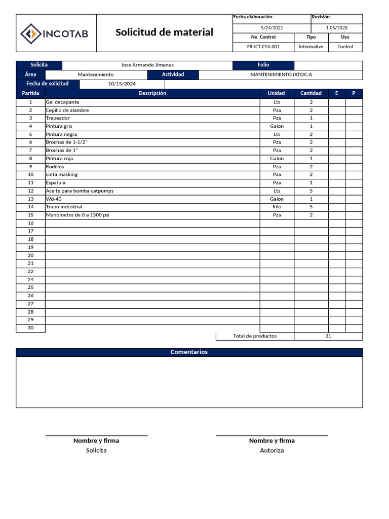 Solicitud de Material IXTOC-A OCTUBRE de 2024 | PDF
