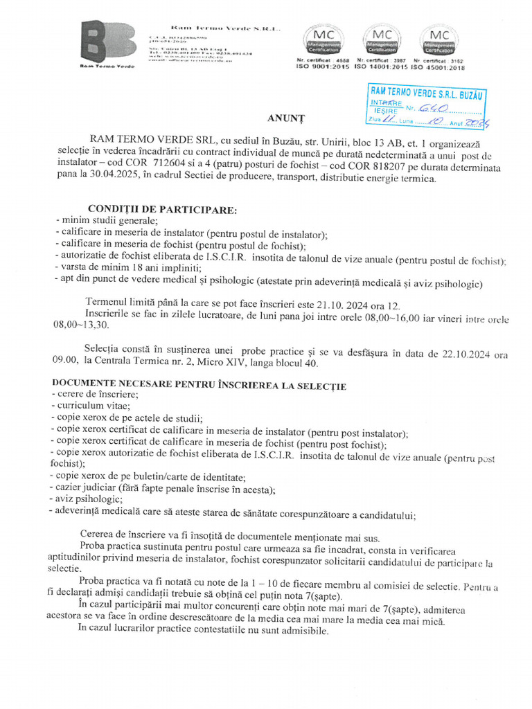Anunt 1instalator4fochisti20241011 | PDF