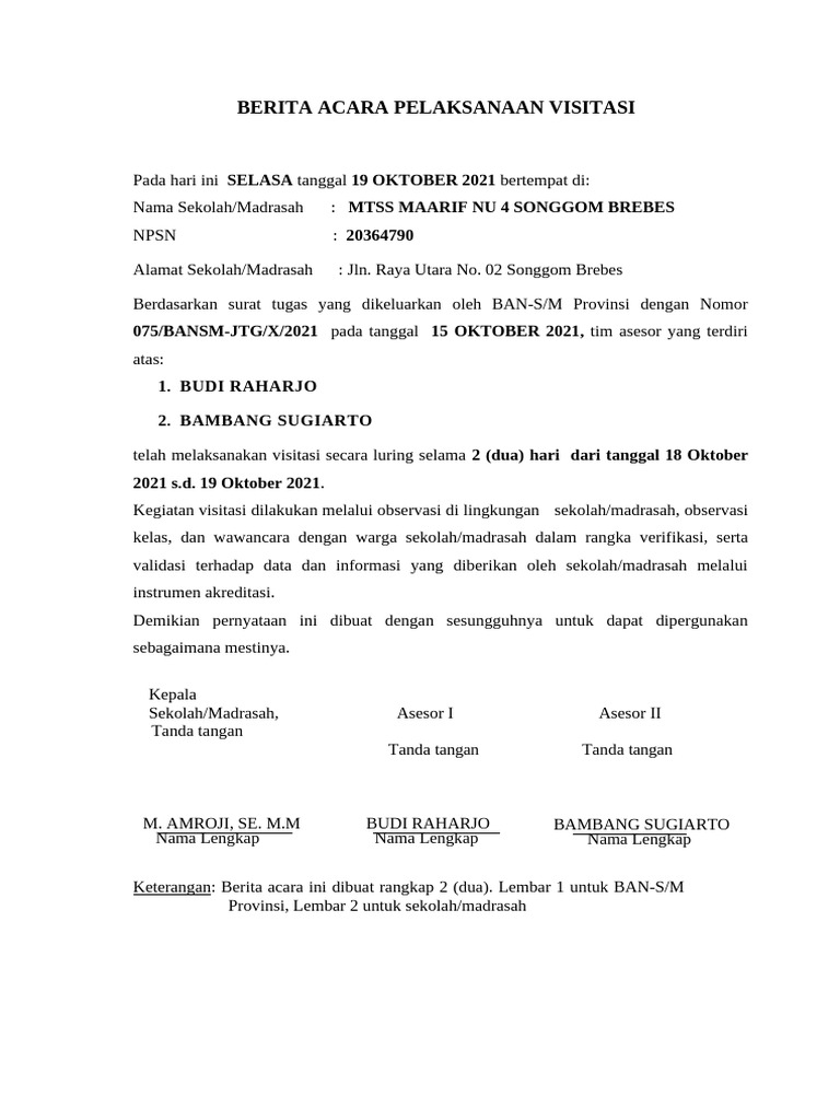 Berita Acara Visitasi Mtss Maarif Nu 4 Songgom | PDF