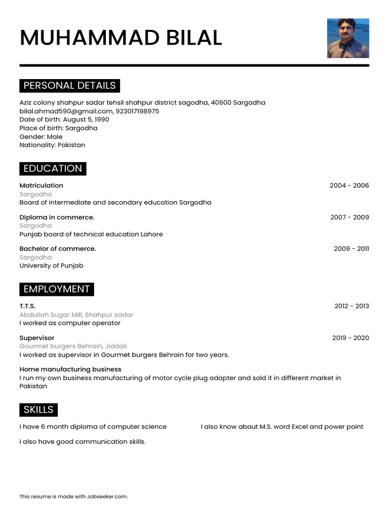 Muhammad Bilal Resume: Skills & Experience | PDF