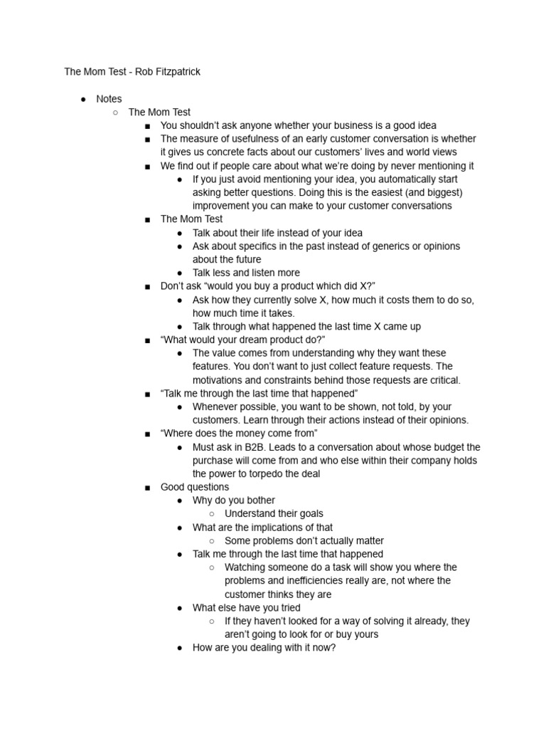 The Mom Test: Key Insights and Tips | PDF | Motivation | Motivational