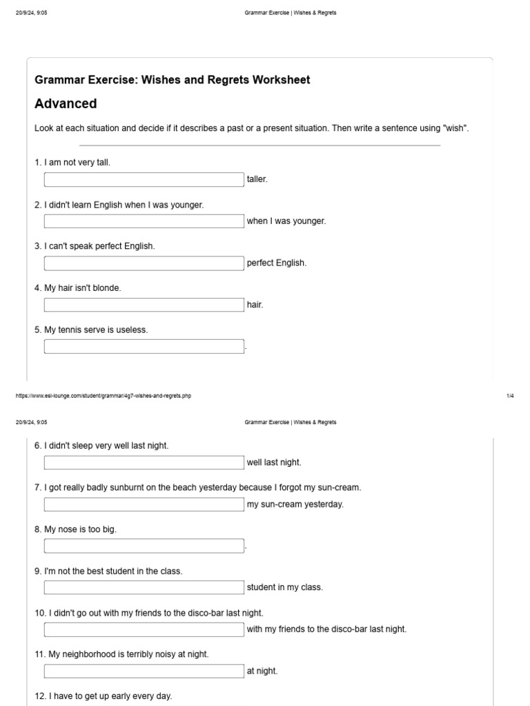 Advanced ESL Wishes & Regrets Worksheet | PDF