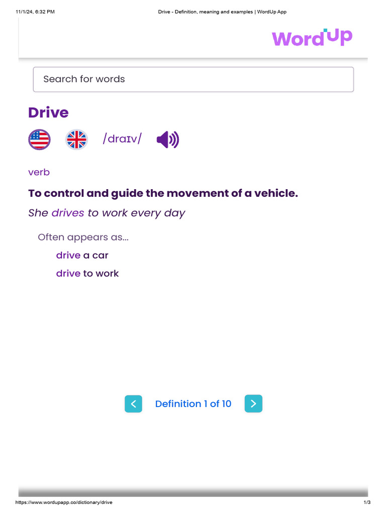Drive - Definition, Meaning and Examples - WordUp App | PDF