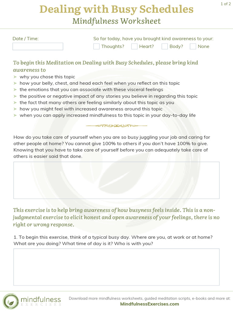 Mindfulness for Busy Schedules Worksheet | PDF | Feeling | Mindfulness