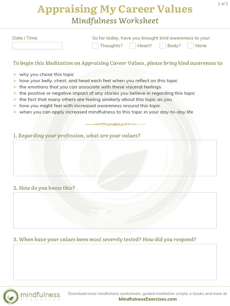 Mindfulness Worksheet for Career Values | PDF | Science & Mathematics