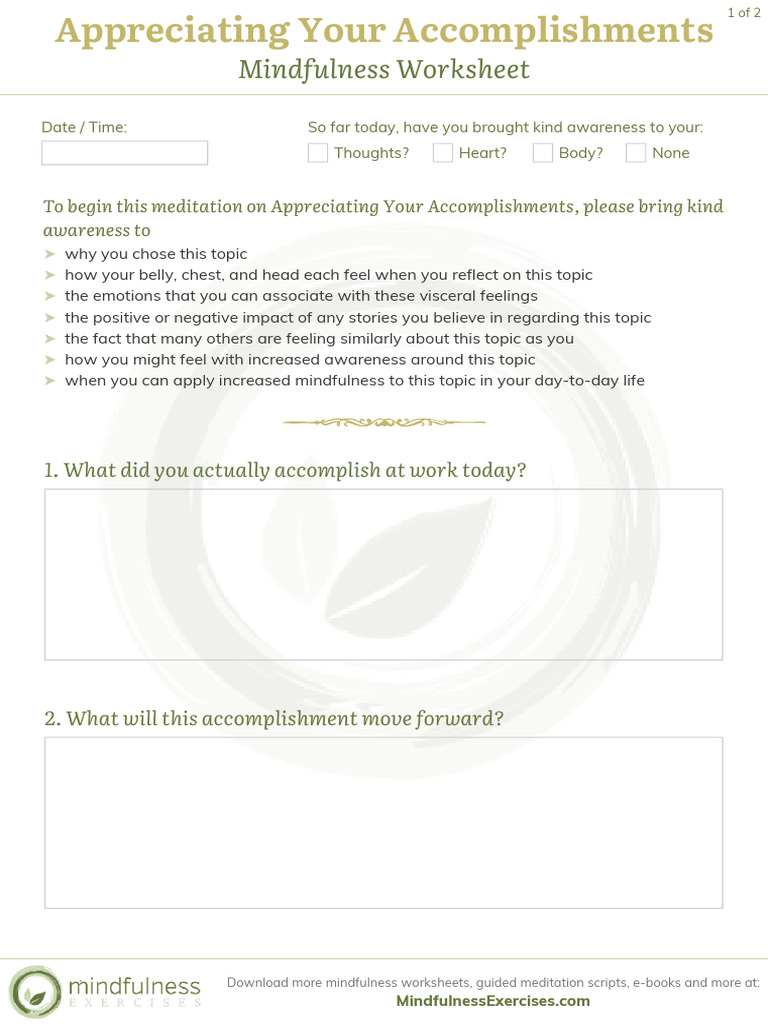 Mindfulness Worksheet: Celebrate Accomplishments | PDF | Career ...