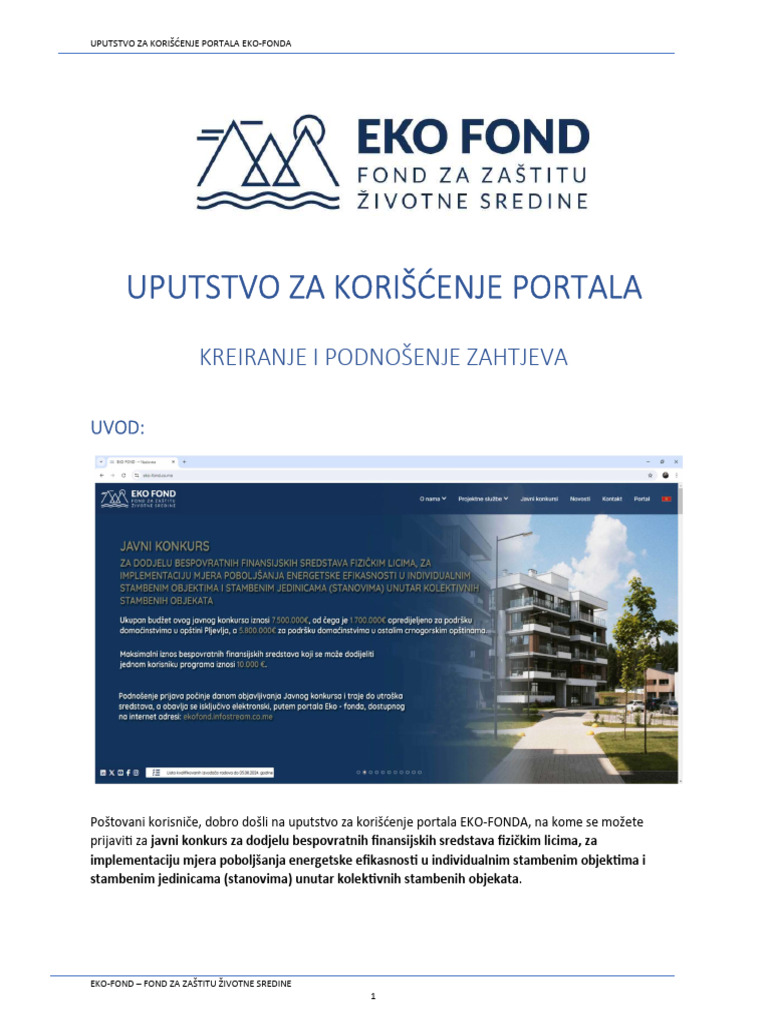 EKO-FOND Uputstvo Za Korišćenje Portala - KREIRANJE I PODNOŠENJE ZAHTJEVA | PDF