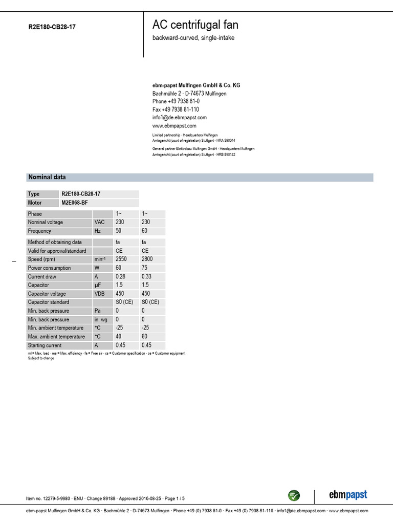 Ebm Papst Data Sheet US R2E180CB2817 KM89188 | PDF | Electric Motor ...