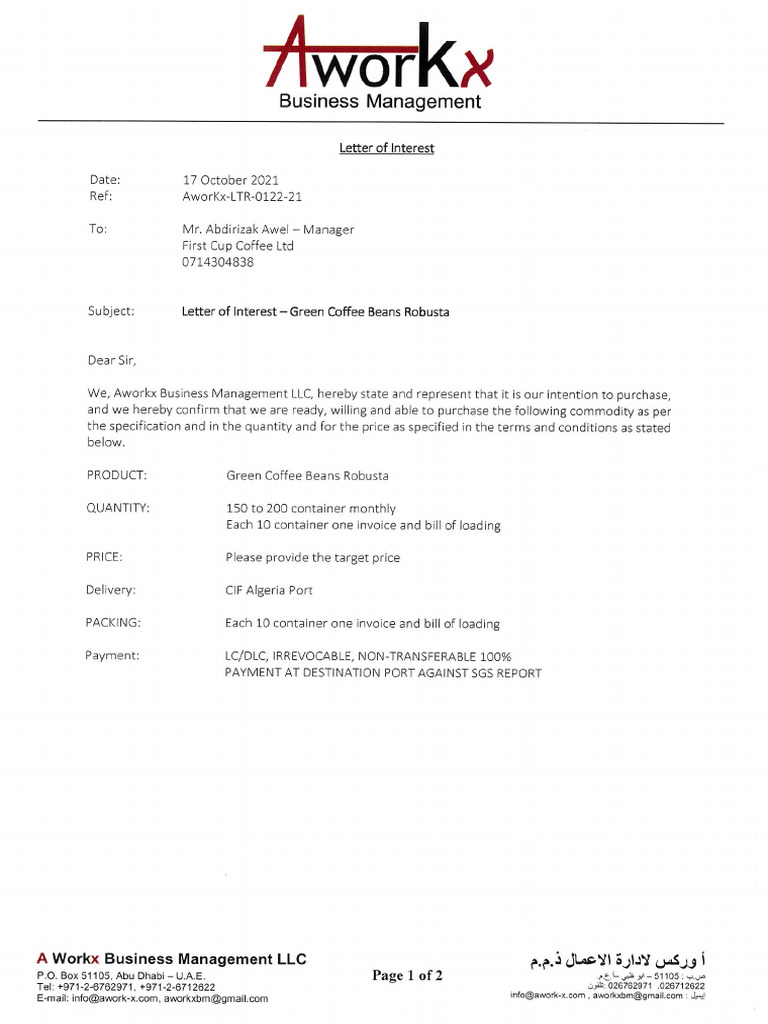 AworKx Letter Ref. No. 0122-LOI-Green Coffee Bean Robusta | PDF