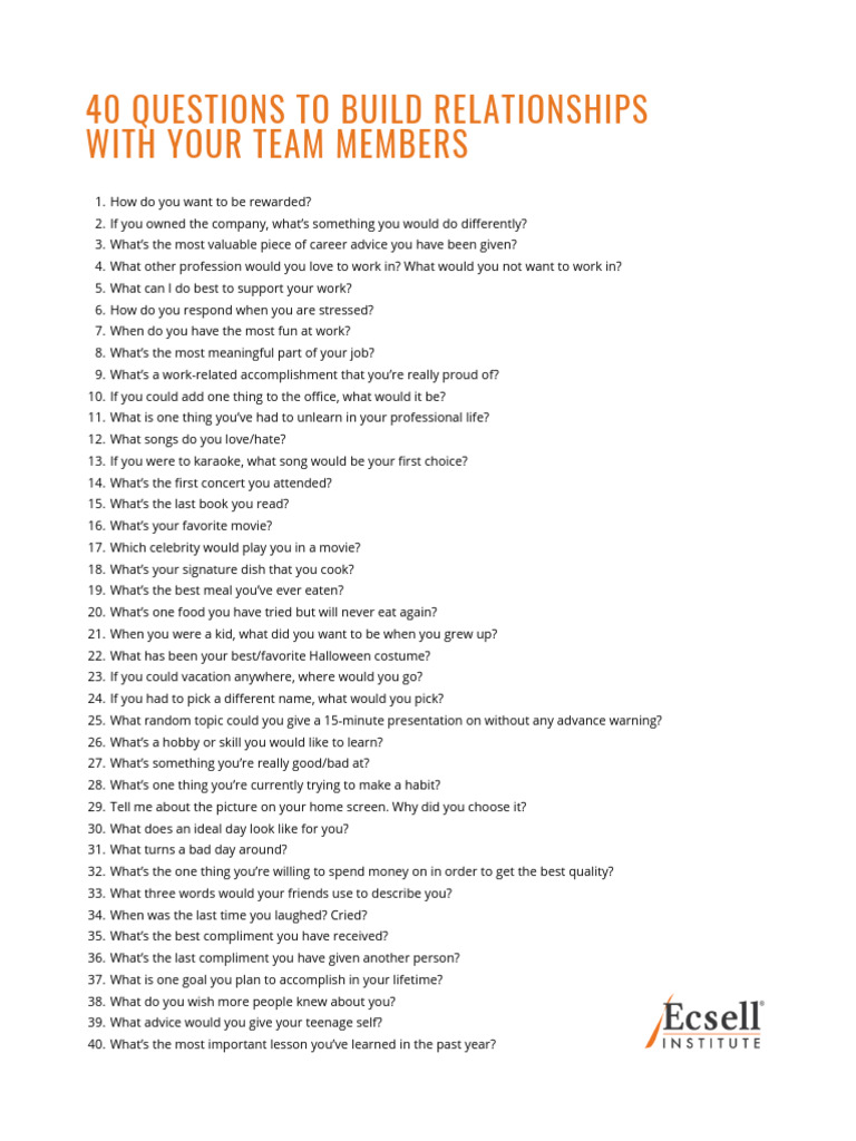40 Questions To Build Relationships - Ecsell Institute | PDF