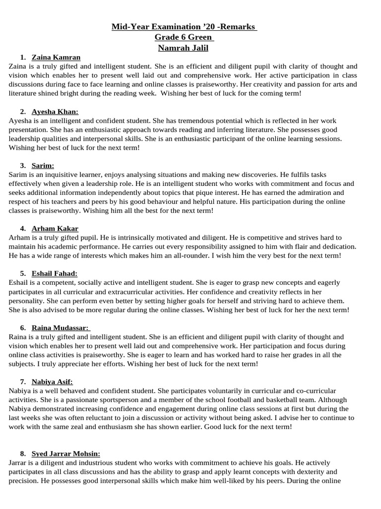 Grade 6 Green Mid-Year Exam Remarks | PDF | Educational Technology ...