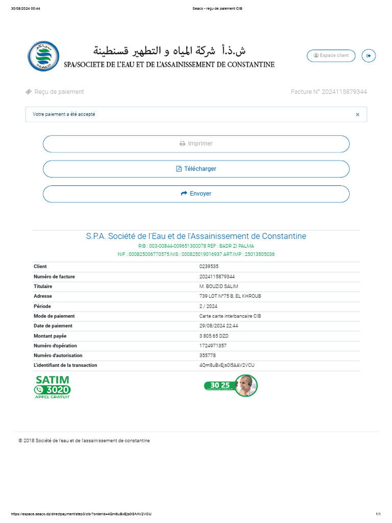 Reçu de Paiement SEACO - Facture 2024115879344 | PDF