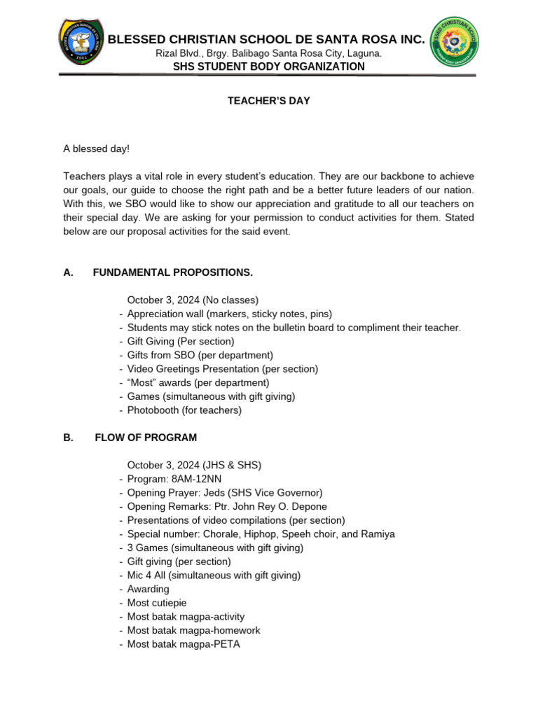 Teachers Day Proposal | PDF | Language Arts & Discipline