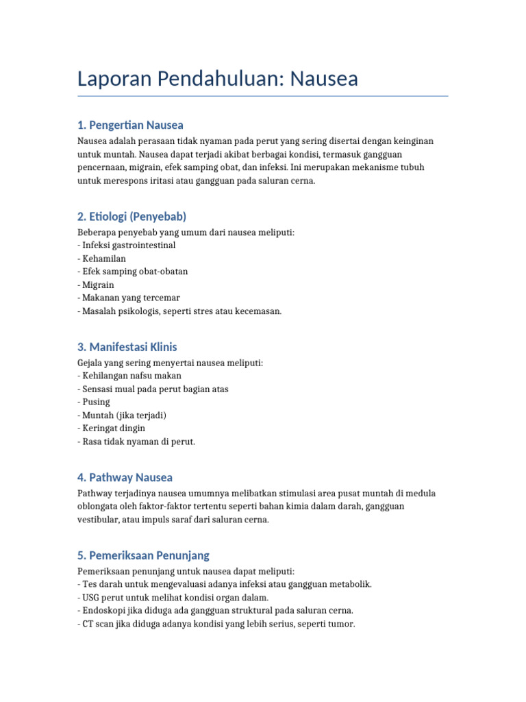 Laporan Pendahuluan Nausea | PDF | Pengembangan Diri | Kesehatan Holistik