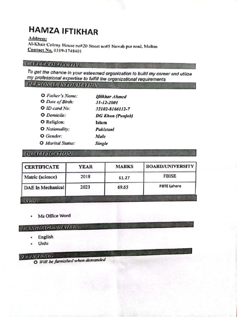 Resume Hamza Iftikhar | PDF