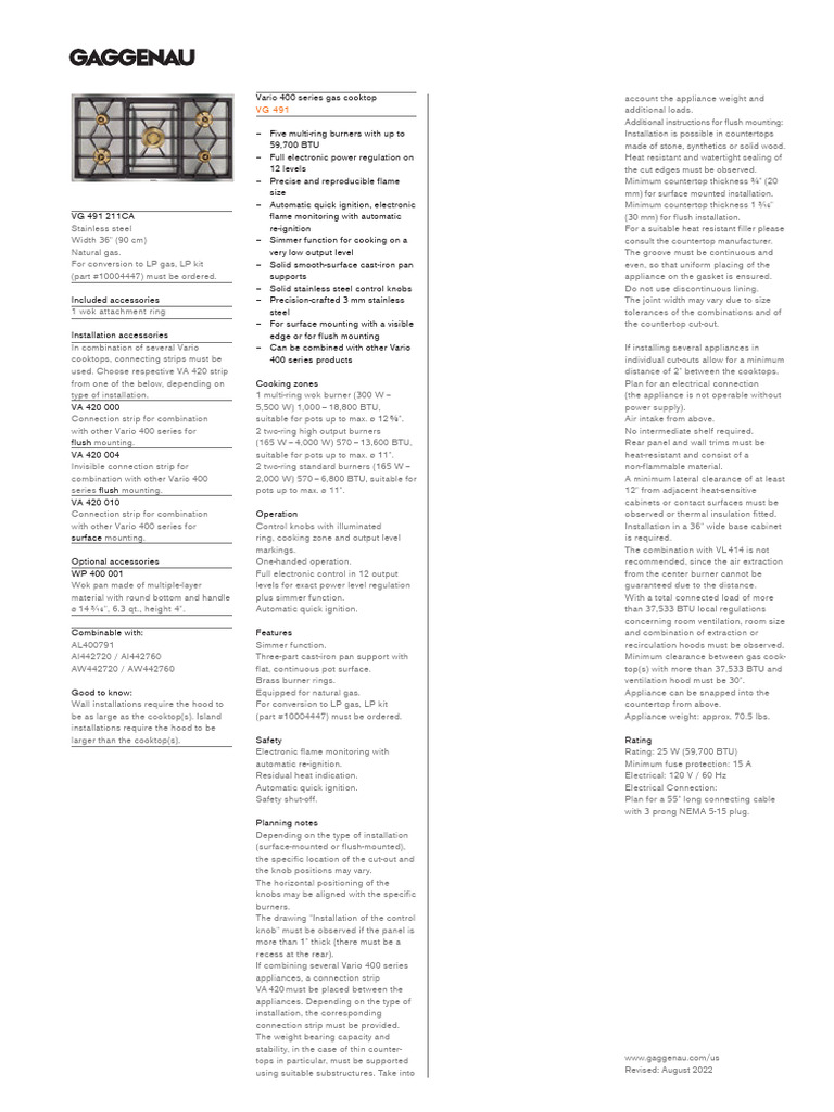 Gaggenau VG 491 211CA Gas Cooktop | PDF | Countertop | Materials