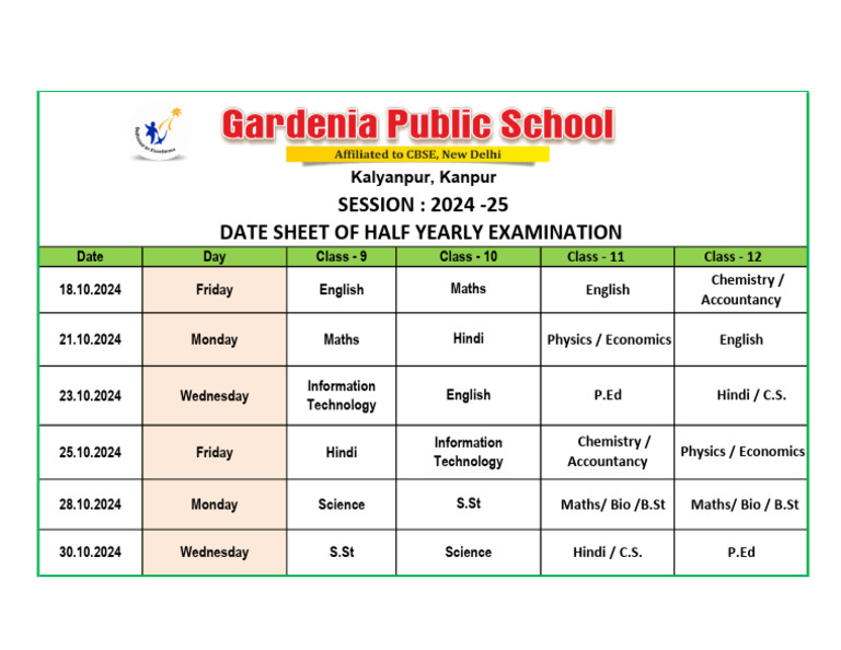 Class 9 To 12 Date Sheet of Half Yearly Examination 2024-25 | PDF