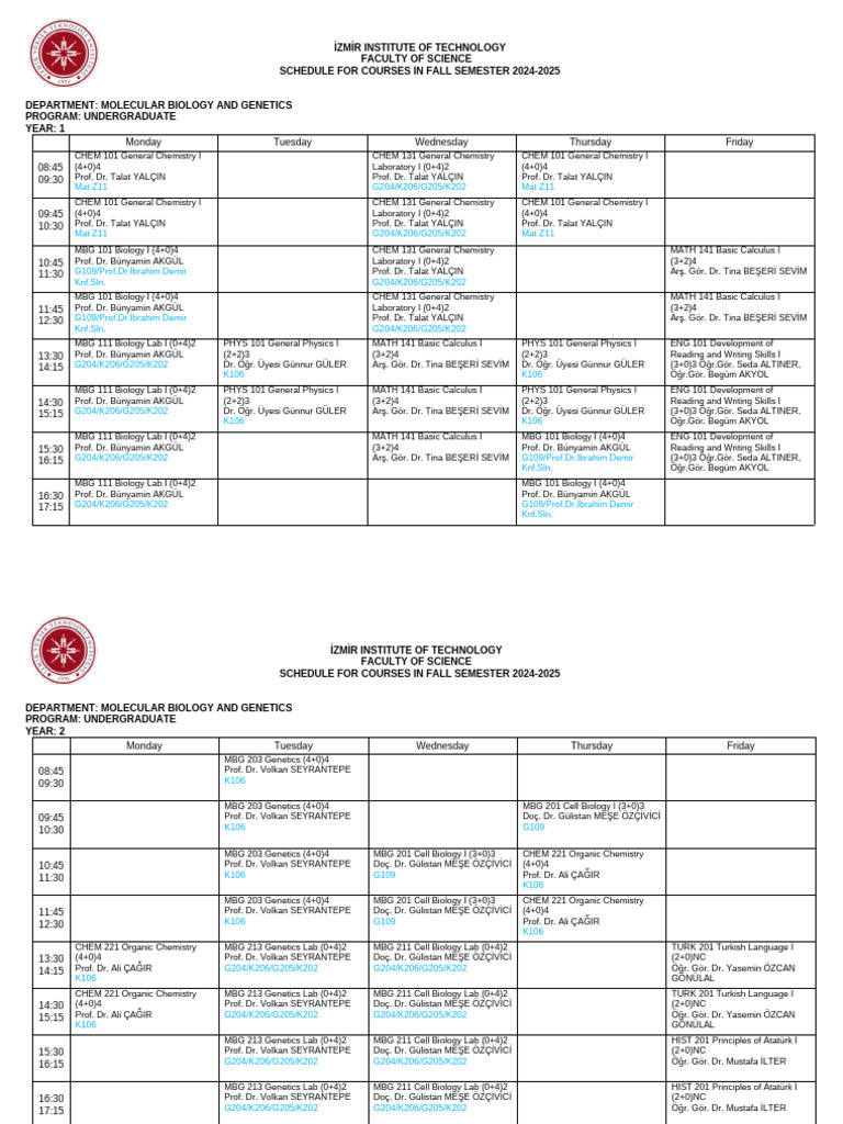 2024 2025 Güz MBG Lisans Ders Programı | PDF