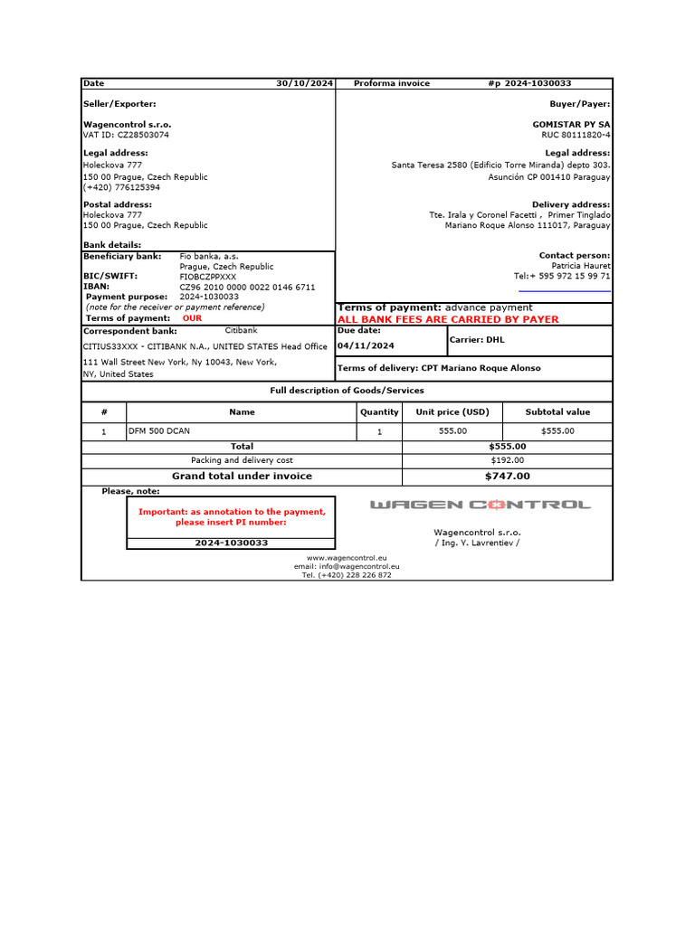 p2024 1030033 Wagencontrol GOMISTAR PY Koz | PDF | Invoice | Banking