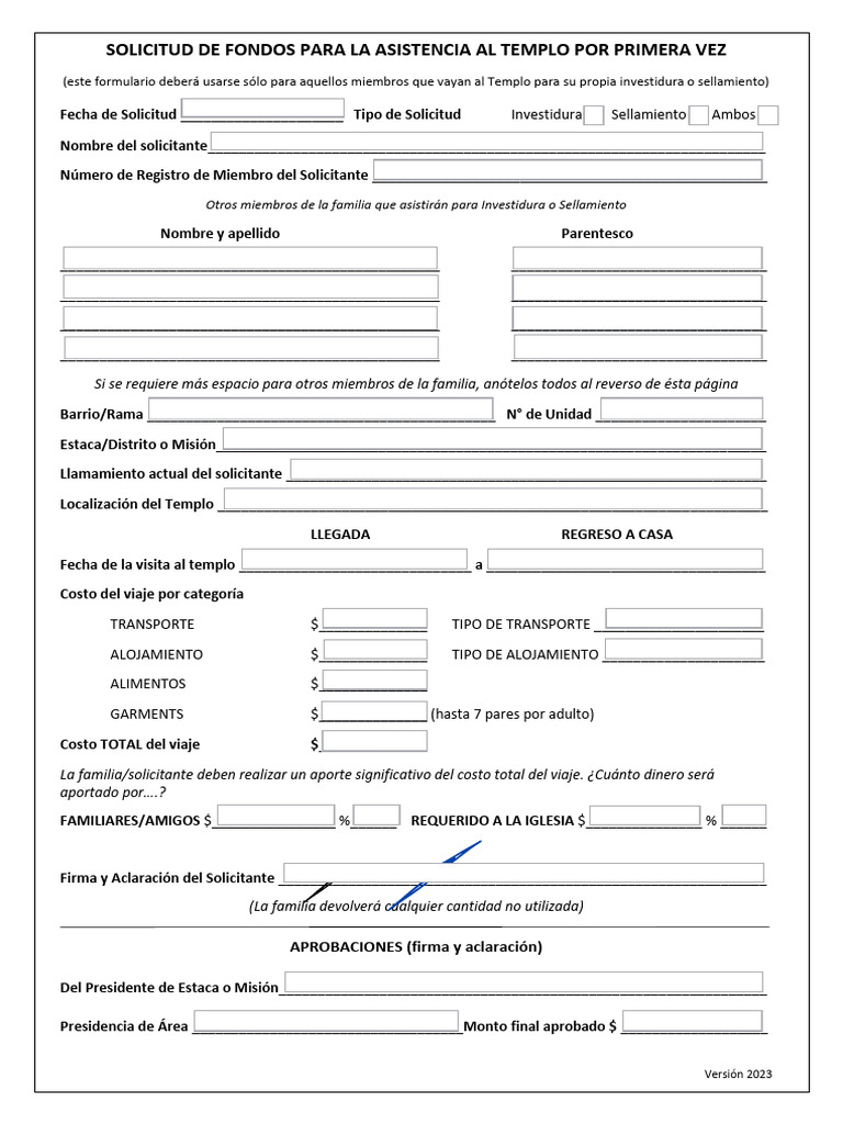 Formulario - Solicitud de Fondos para Asistencia Al Templo - Hermana Alcorce | PDF | Finanzas y ...