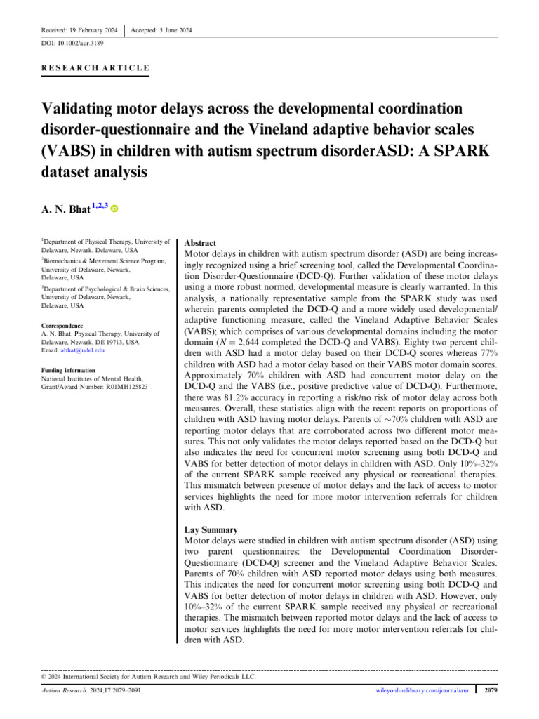 Autism Research - 2024 - Bhat - Validating Motor Delays Across The Developmental Coordination ...
