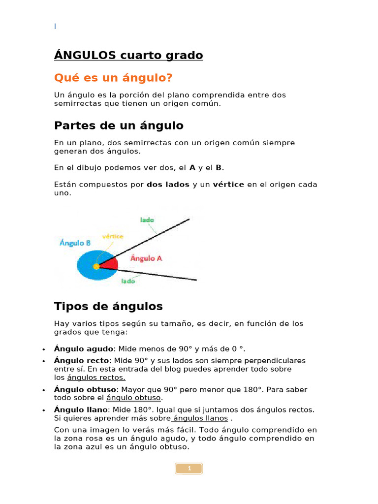 Tipos y ejemplos de ángulos para cuarto grado | PDF