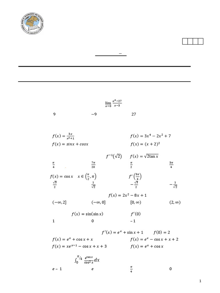HSSC-II Math Final Package | PDF | Function (Mathematics) | Ellipse