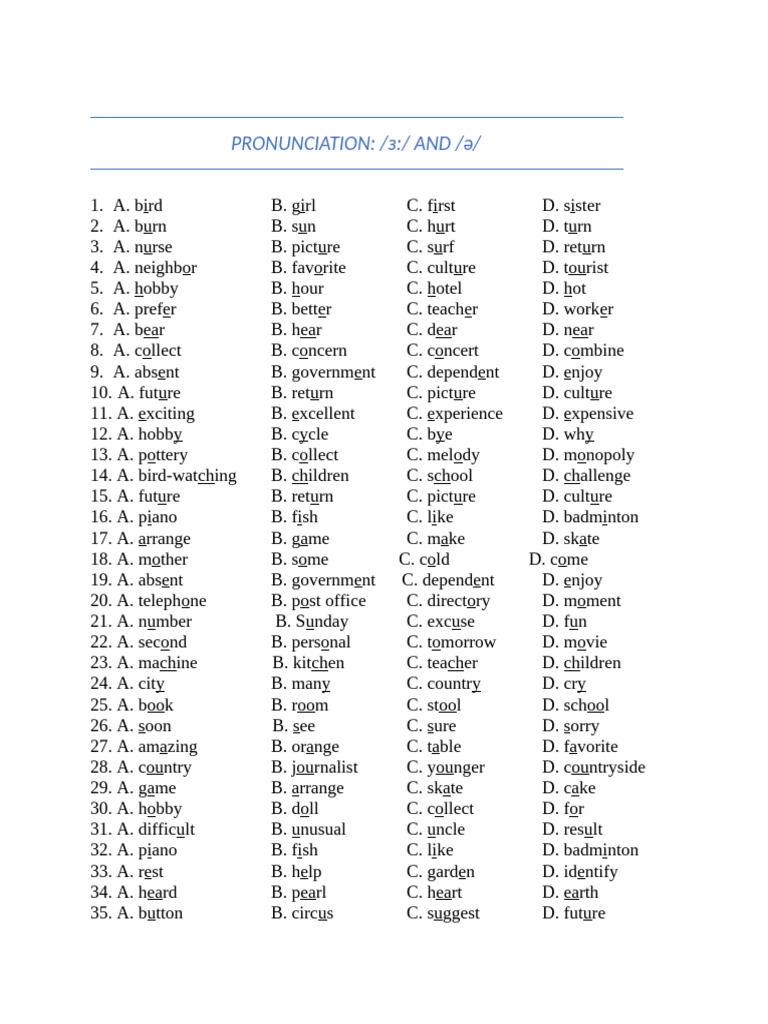 Pronunciation Guide: /ɜ:/ and /ə/ Sounds | PDF