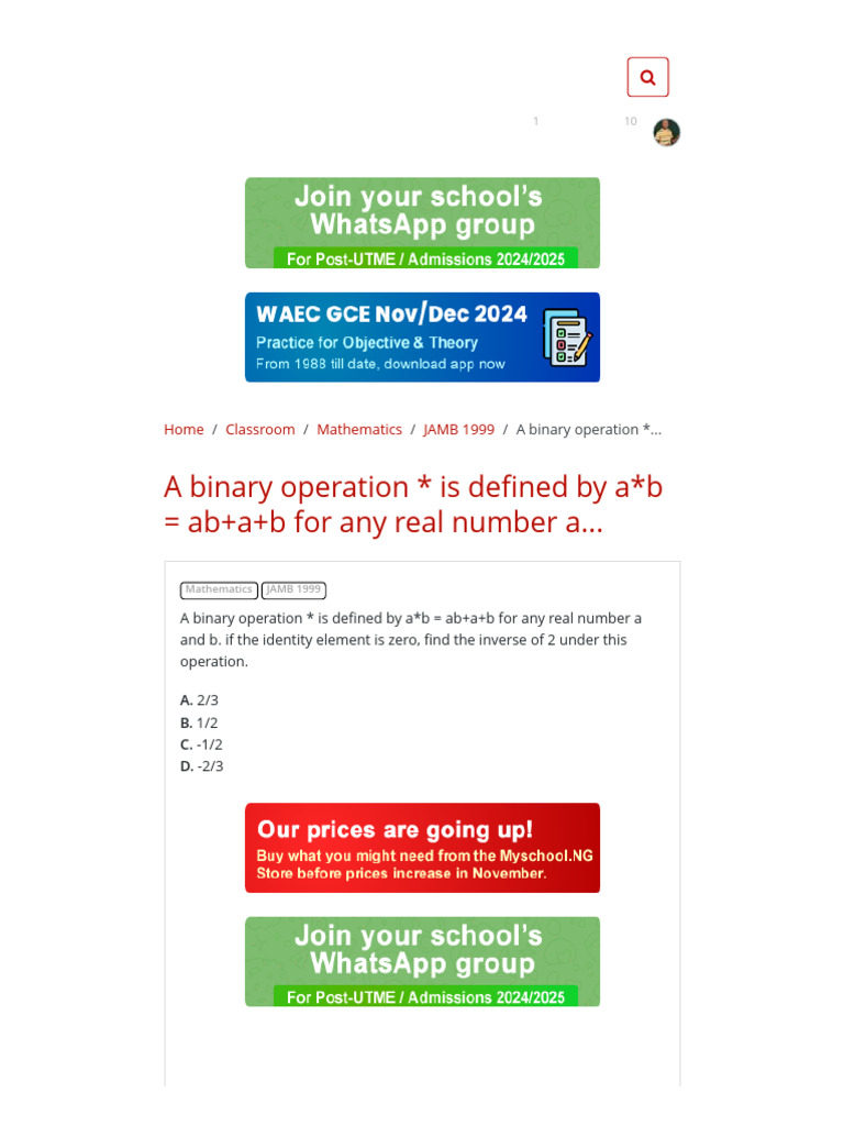 A Binary Operation - Is Defined by A - B Ab+a+b For Any Real Number A... - Myschool | PDF