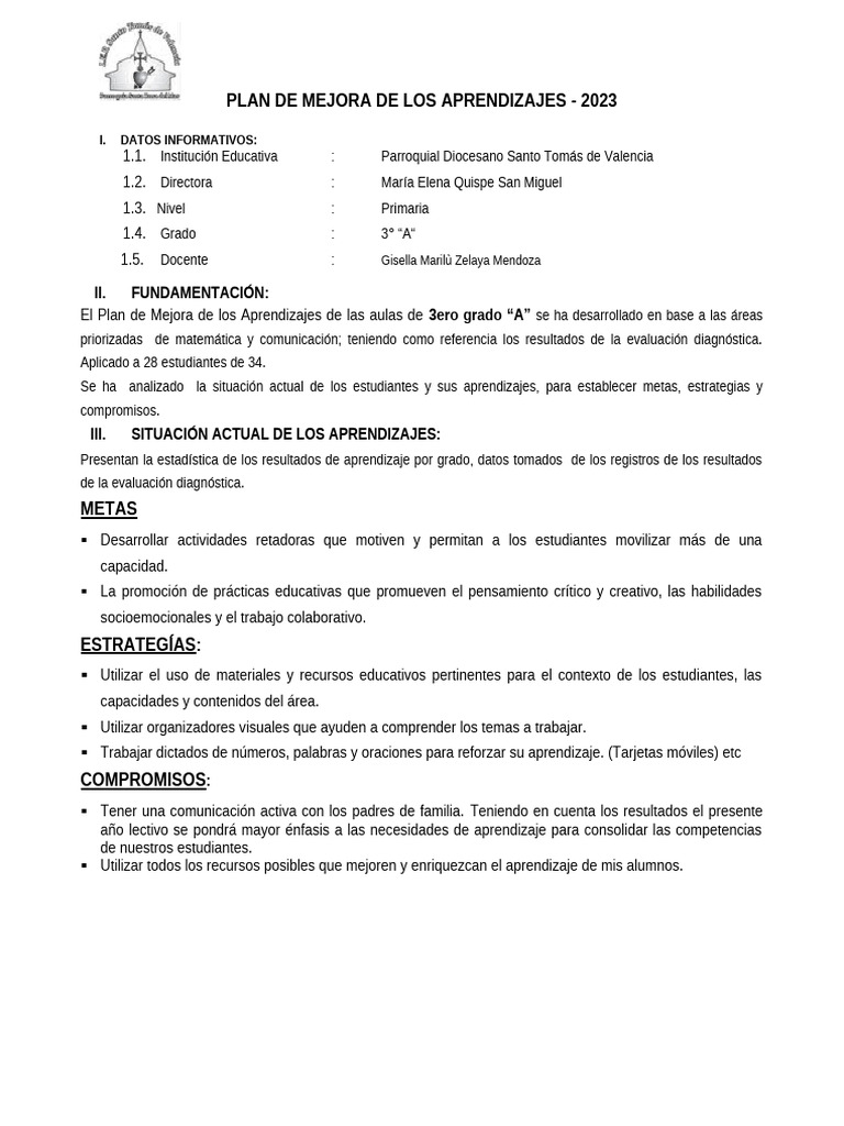 3-A - Plan de Mejorar Eval. de Progreso-2023 | PDF