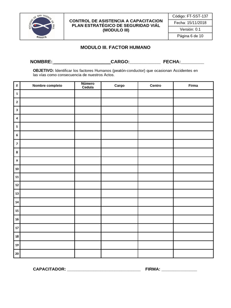 FT-SST-137 Formato Control de Asistencia A Capacitación MODULO III. Factor Humano. | PDF