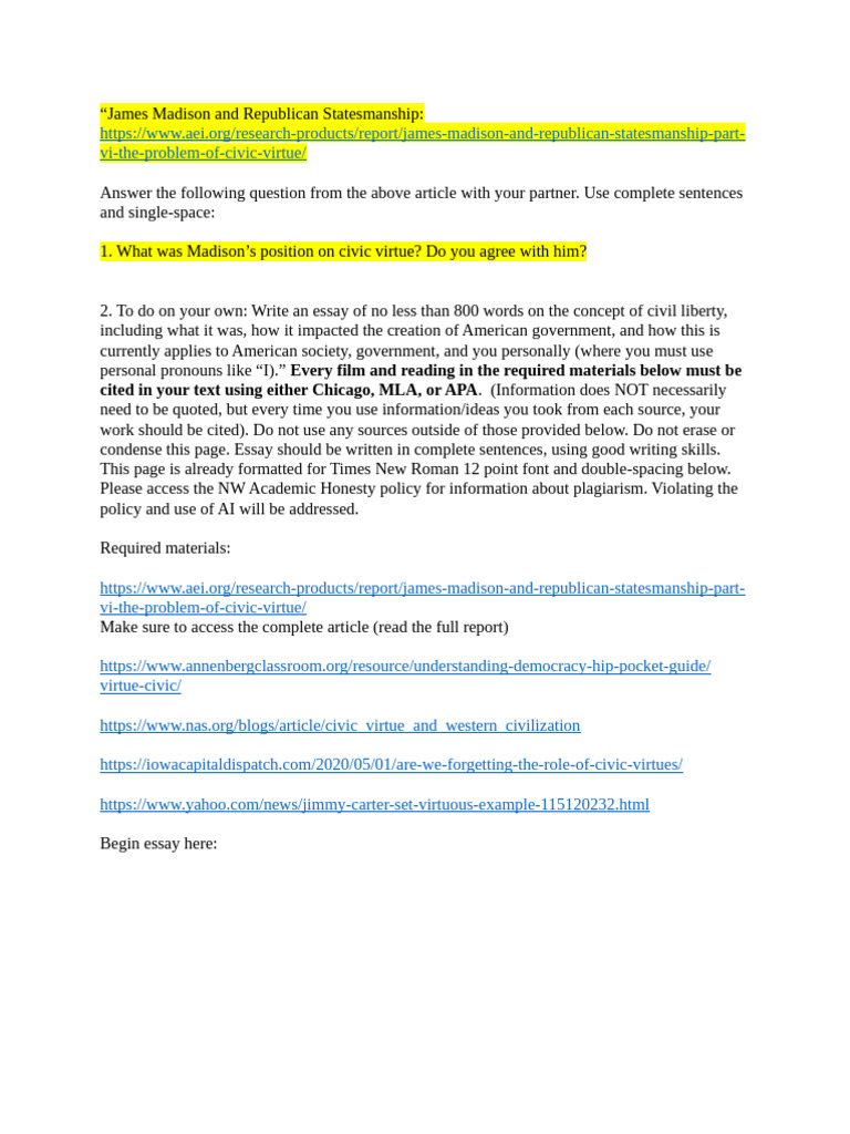 102 Assignment 3 Civic Virtue Revised 923 | PDF | Politics