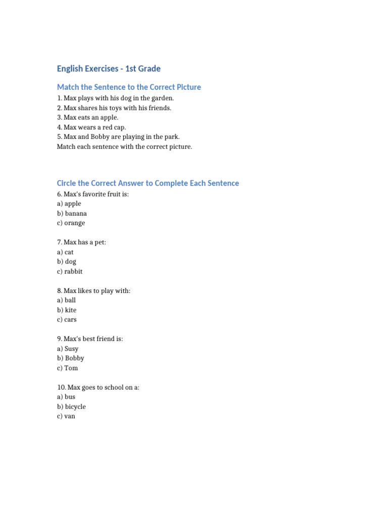 English Exercises 1st Grade | PDF