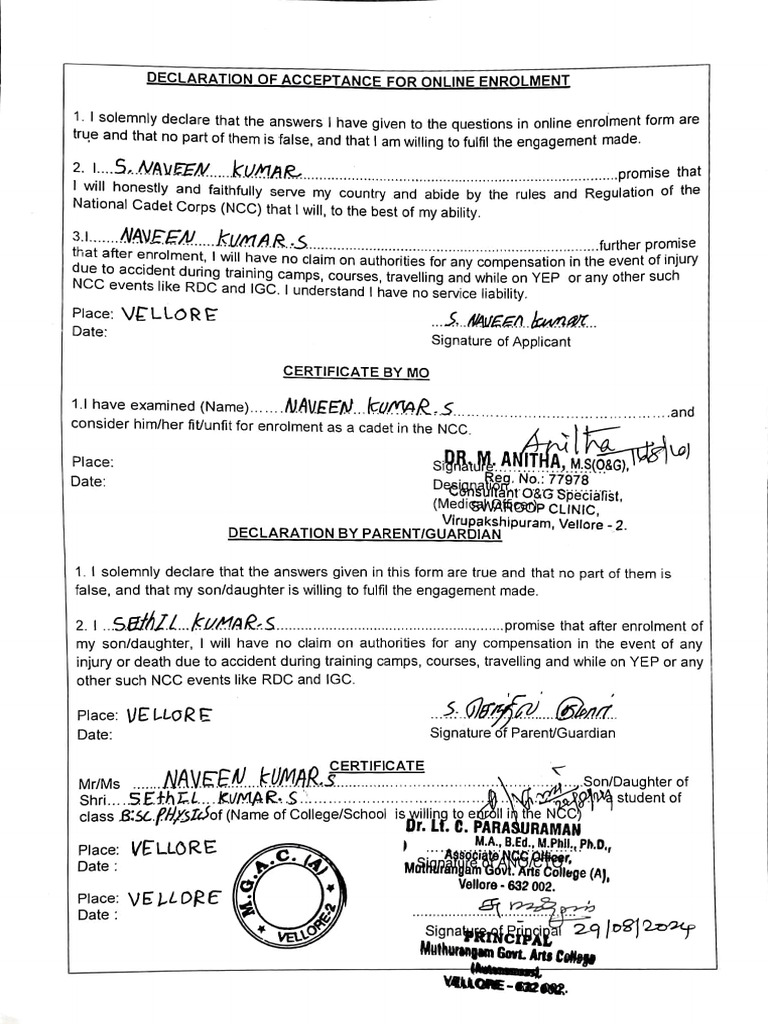 NCC Enrollment Declaration Form | PDF | Military Education And Training ...