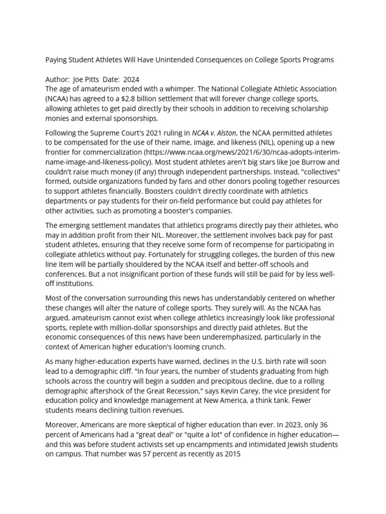 Paying Student Athletes Will Have Unintended Consequences On College ...