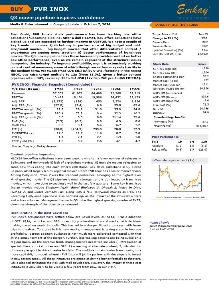 PVR INOX 08102024 Emkay | PDF | Stocks | Financial Accounting