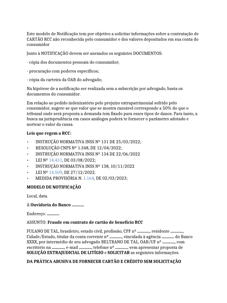 Modelo de Notificacao RCC Nao Solicitado | PDF | Crédito consignado