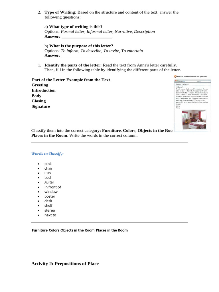Prepositions of Place Bedroom Lesson Plan | PDF