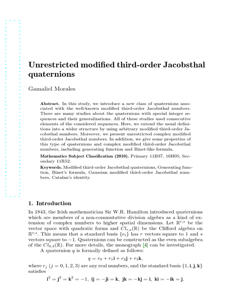 Unrestricted Modified Jacobsthal Quaternions | PDF | Mathematical ...