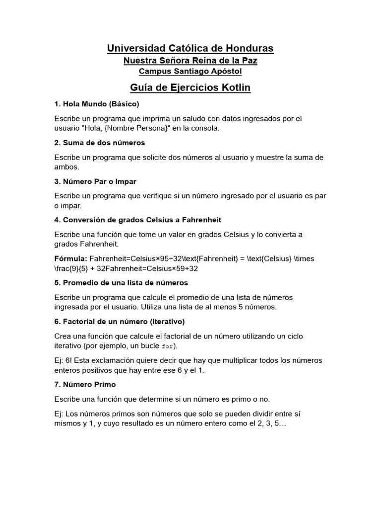 Universidad Católica de Honduras - Guía de Ejercicios Kotlin | PDF | Crecimiento personal y ...