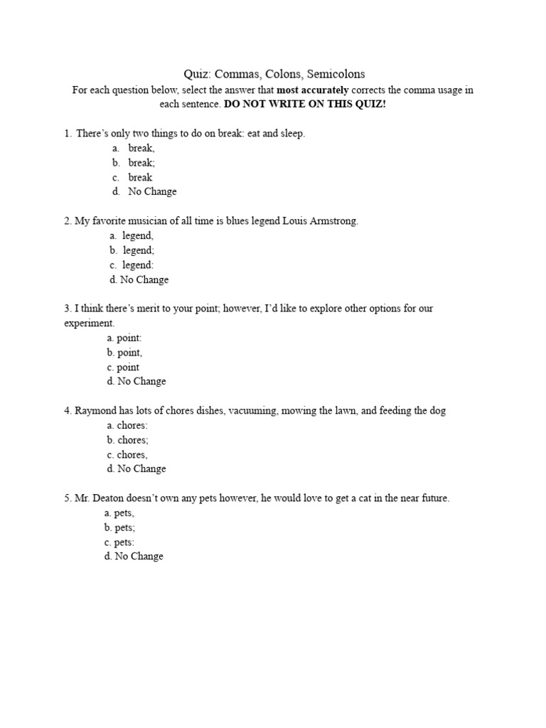 DEATON 8 - 29 Quiz Commas - Colons - Semicolons | PDF | Language Arts & Discipline | Young Adult
