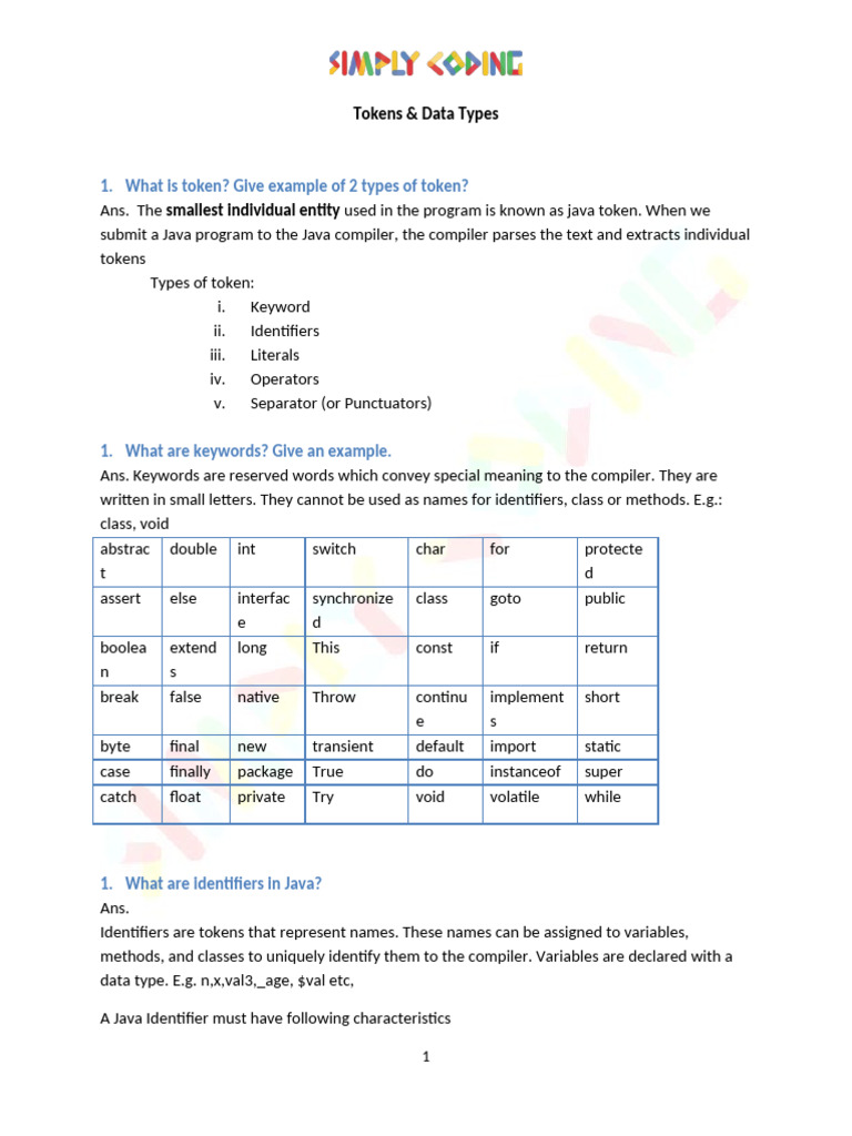 Java Theory Tokens and Data Types | PDF | Data Type | Integer (Computer ... Java Theory Tokens and Data Types | PDF | Data Type | Integer (Computer ...