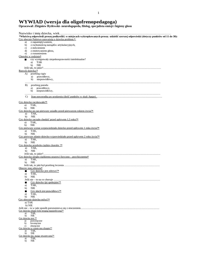 1 Rc. Karta Wywiad Z Opiekunem | PDF